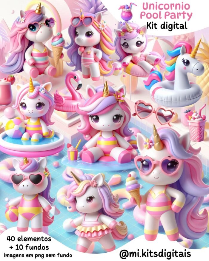 Unicórnio Pool Party – Kit Digital - Arquivos Digitais Prontos